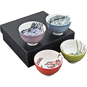 Authentic Japanese Porcelain Multi Purpose Bowl Set of 4 Japanese Seafood Crab Lobster Pufferfish Flounder Assorted Colors Design Set Made In Japan (4.25" x 2.5" Small Rice Bowl)