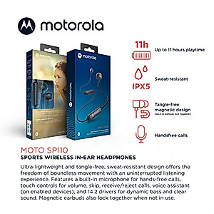 Motorola Bluetooth Sport Neckband SP110 in-Ear Wireless Headphones with Mic for Clear Phone Calls - 11 hrs. Playtime, Touch Control, IPX5 Sweat Resistant, Light Tangle-Free Design for Sports - Black