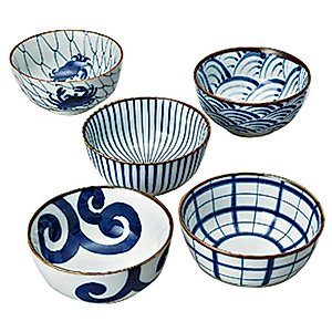 Saikai Pottery Traiditional Japanese Blue And White patterns Japanease Rice Bowls (5 bowls set) 31043 from Japan