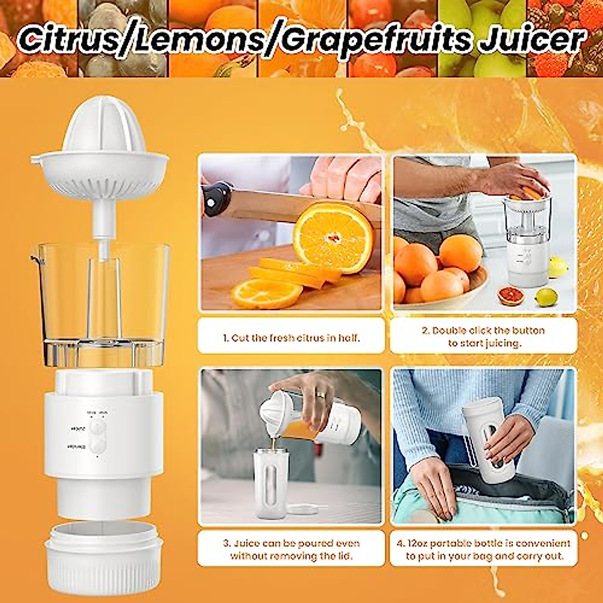 2 in 1 Portable Blender with Citrus Juicer, Blender for Shakes and Smoothies, Personal Smoothie Blender with 12 Oz Travel Cup and Lid, USB Rechargeable Mini Blender Smoothie Maker Lemon Orange Juicer