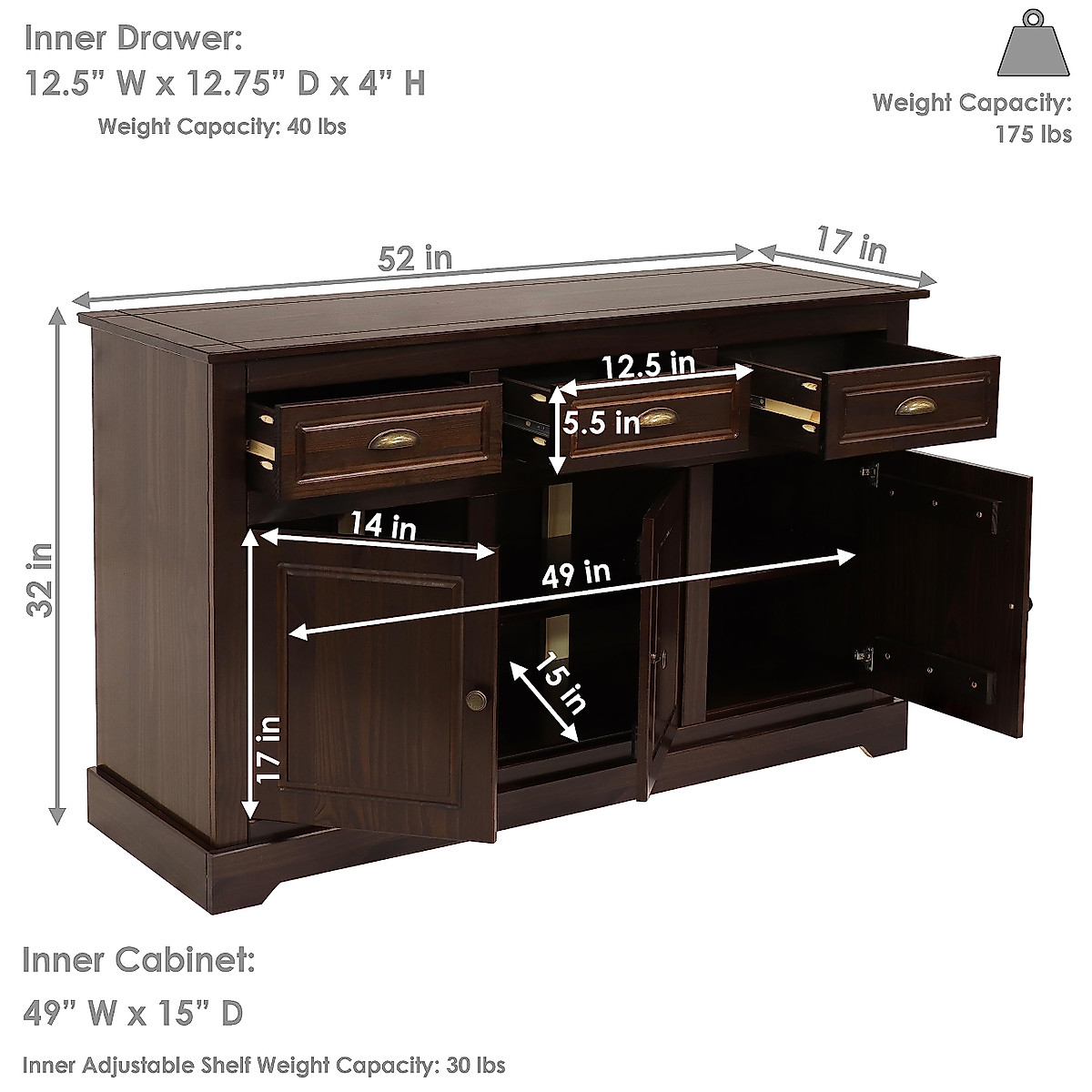 Sunnydaze Solid Pine Sideboard Cabinet with 3 Drawers and 3 Doors - Features Adjustable Inner Cabinet Shelf - Zinc Alloy Hardware - Dark Brown- 32-Inch