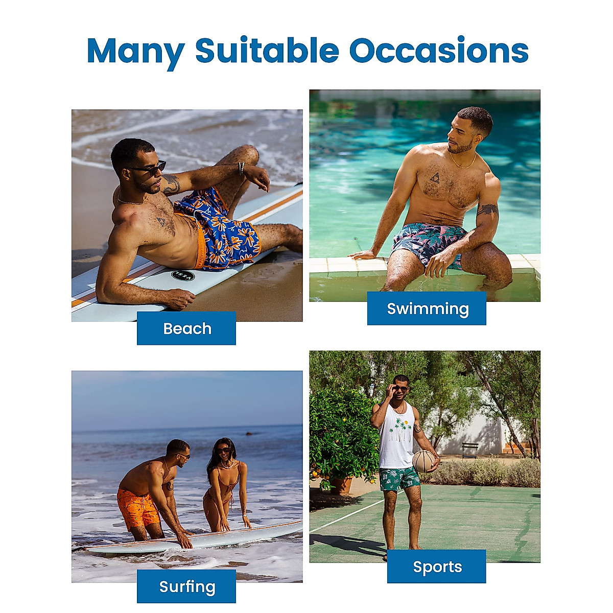 maamgic Mens Swim Trunks with Compression Liner 5" Stretch Beach Shorts Quick Dry with Zipper Pockets No-Chafing Board Shorts Blue White Stripe M