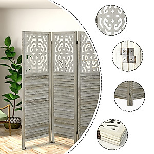 ECOMEX 4 Panel Carved Room Divider 5.6Ft Wood Folding Screens Room Dividers Screen for Bedroom Office Restaurant, Rustic White