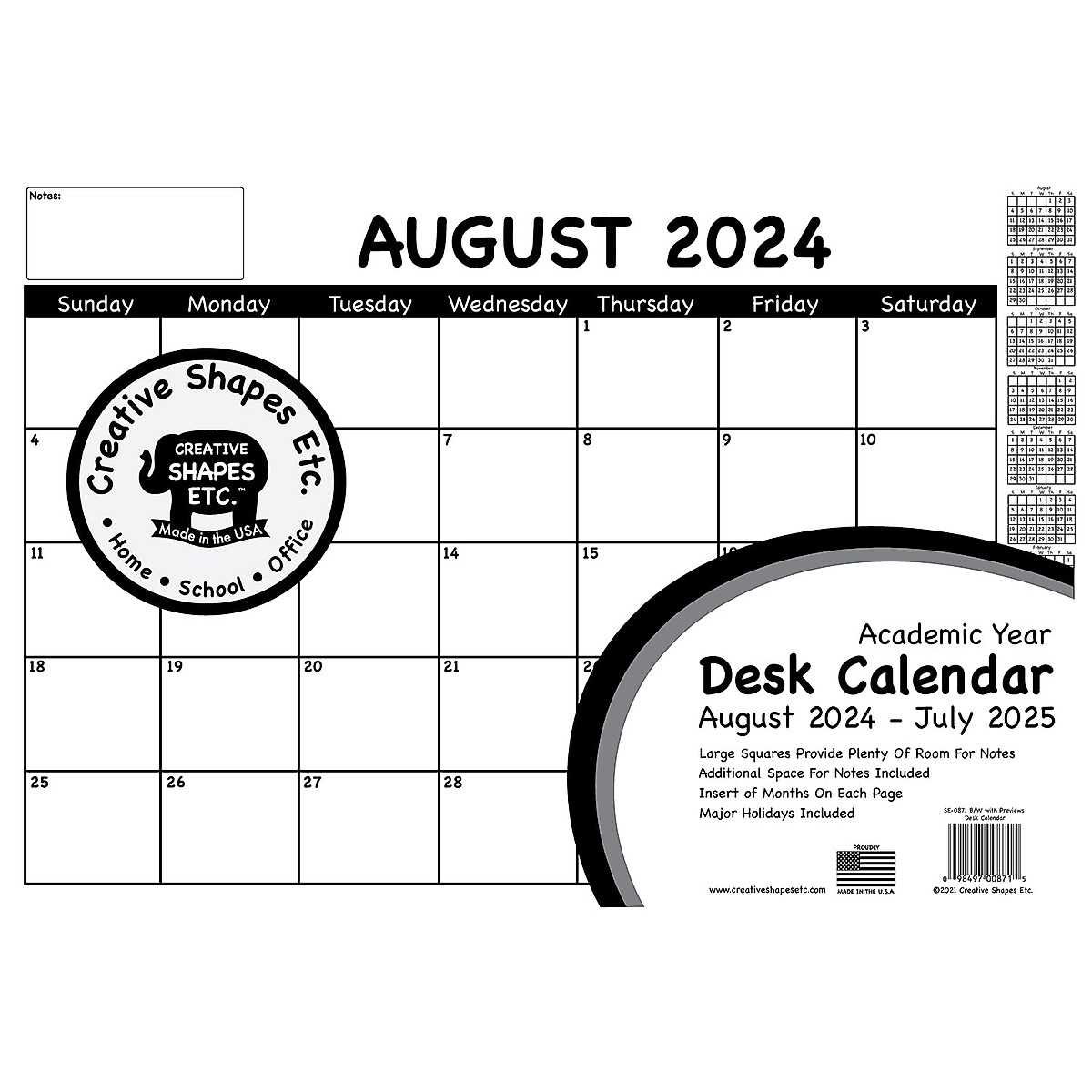 2 pcs 2024-2025 Academic Year Desk Calendar Black/White and Chalkboard Design Combination Pack, 12 months with notes space major holidays 13” x 19” Wall/Desk Teacher Planner Classroom Office Home Organization