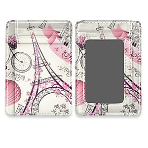 Linomo Thin leather Card Holder and Money Clip Pink Flower Paris Eiffel Tower Wallet RFID Blocking for Men & Women