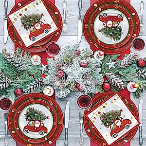 Homlouue 200 Pcs Christmas Paper Plates and Napkins, Santa Claus Car Red and White Plates and Napkins Disposable, Christmas Dinner Serves 50 Guests, Party Table Decorations