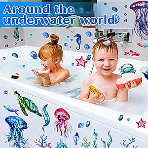 71 Pcs Ocean Wall Decals, Removable Waterproof Self-Adhesive Ocean World Jellyfish Turtle Tropical Fish Wall Stickers for Kids, for Kids Bedroom Bathroom Wall Decor