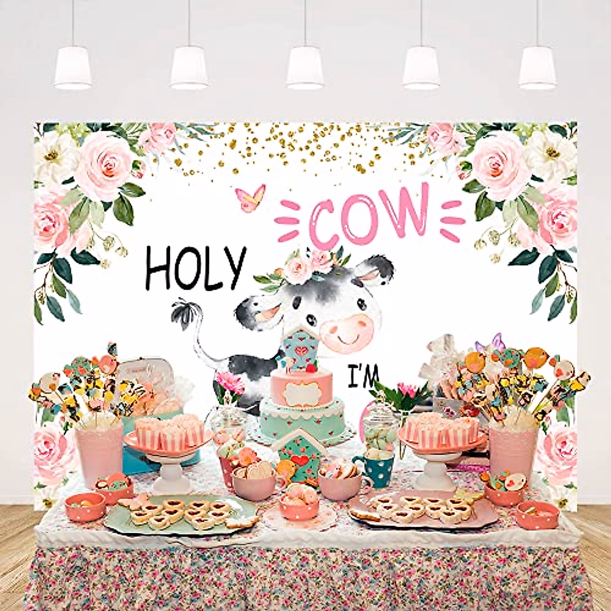 Ticuenicoa 7x5ft Holy Cow I'm One 1st Birthday Backdrop for Girls Baby Shower Photography Background Pink and Gold Floral Animals Bday Backdrops for Party Newborn Kids Supplies Photobooth Props…