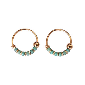 Handmade Gold Pair Small 10MM Cartilgae Helix Piercing Turquoise Beaded Hoop Earrings, Gold Plated over Sterling Silver Thin 22Gauge Beads Hoops for women, By Miya Jewelry