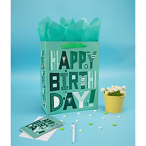 13" Large Green Gift Bags Set with Greeting Card and Tissue Papers (Green Happy Birthday) for Men's or Women's Birthday Parties, Boys', Girls', or Kids' Parties, Baby Showers, Baby Boys or Girls-