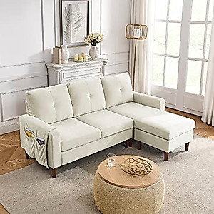 MOEO 3 Seat Sofa with Removable Ottoman and Cushions, L-Shape Chenille Convertible Couch w/Pocket & Rubber Wood Legs, Perfect for Living Room, Aapartment, Small Space, 80", Beige