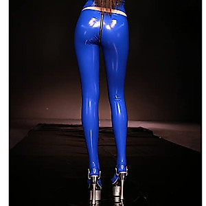 LESOYA Women's Sexy Shiny PVC Leather Leggings Stretchy Skinny Pants Full Zipper Crotch Footed Trousers Blue
