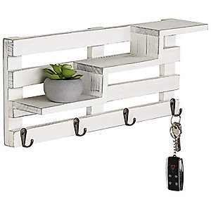MyGift Key Holder for Wall, Wall-Mounted Vintage White Wood Tiered Accent Shelf with Key Hooks