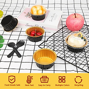5oz Mini Cake Baking Pans with Lids 100 Pack,LNYZQUS Disposable Mini Aluminum Cupcake Pan Muffin Cups, Small Cake Baking Cups Muffin Tin Cupcake Liners Containers for Custard Creme Brulee-Black