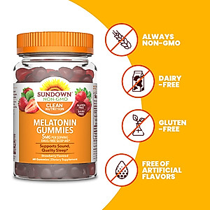 Sundown Melatonin 5mg Gummies for Sleep Support, Non-GMO, Dairy-Free, Gluten-Free, Natural Strawberry Flavor, 60 Count