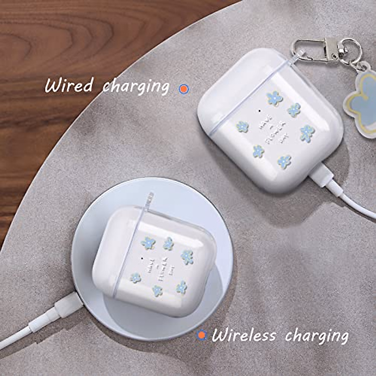 Newseego Compatible with Airpods 1&2 Case, Cute Clear Girl Fashion Blue Small Flower Design Full Protective Soft Silicone Cover with Blue Small Flower Keychain for Kids and Womens -Blue Flower