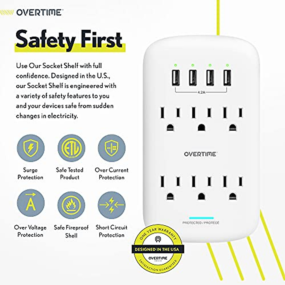 6 Outlet Extending Surge Protector, Multi Outlet Extender Wall Adapter with 4 USB Fast Charging Ports, 6 AC Outlets, Phone Mount, 1200J Surge Protection, ETL Certified (2-Pack, White)