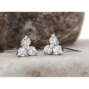 Solid 14k Gold Mini Lotus Cubic Zirconia Studs, Trefoil Trinity Triple Cluster Minimalist Earrings (White Gold)