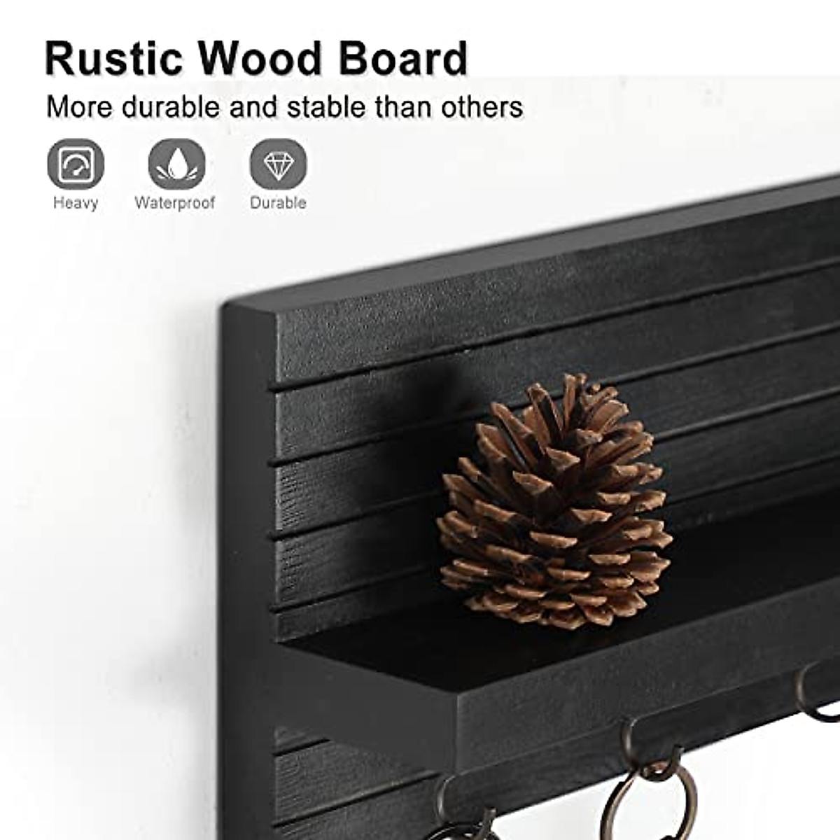 Decorative Key Holder for Wall with Shelf, Entryway Shelf with Hooks Holds Leashes, Jackets and Glasses – Sturdy Wood Keyholder Entrance Hanger with Mounting Hardware (11.8” x 5.5” x 3.1”) (Black)