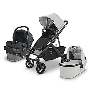 Vista V2 Stroller - Anthony (White & Grey Chenille/Carbon/Chestnut Leather) + MESA V2 Infant Car Seat - Jake (Charcoal)