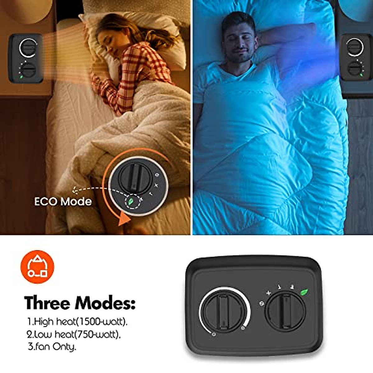 andily Space Heater Electric Heater for Home and Office Ceramic Small Heater with Thermostat, 750W/1500W (Classics black)