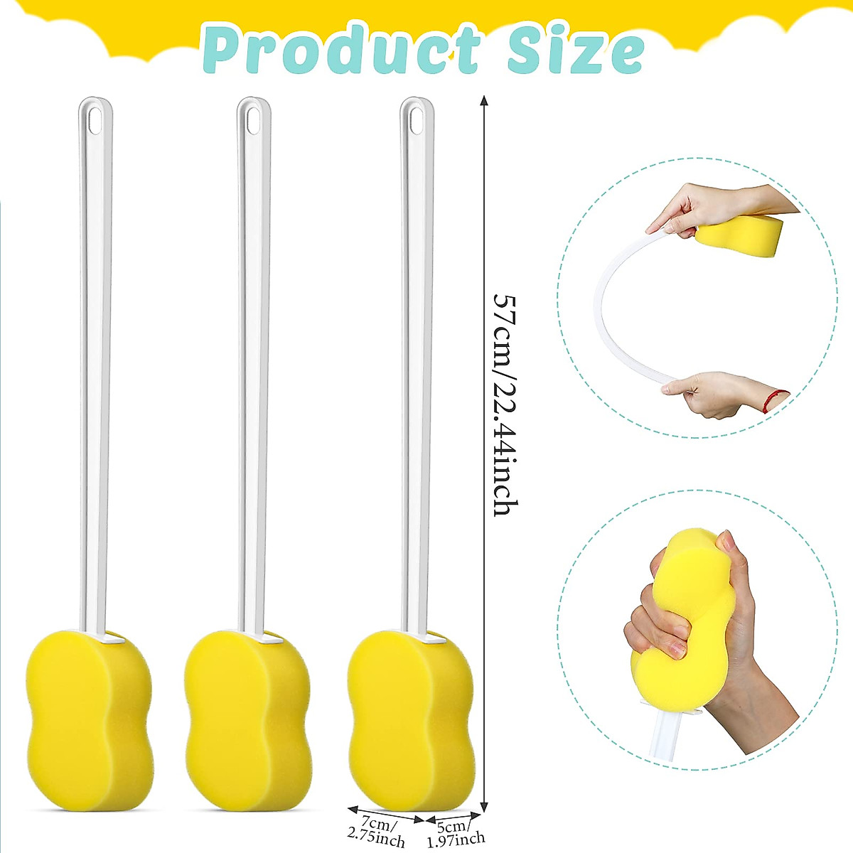 3 Pieces Long Handle Bath Sponge 22.4'' Back Sponge on a Stick Lightweight Back Washer Handled Butt Scrubber Shower Brush for Foot Body Cleaning Bathing Limited Motion, Yellow Sponge
