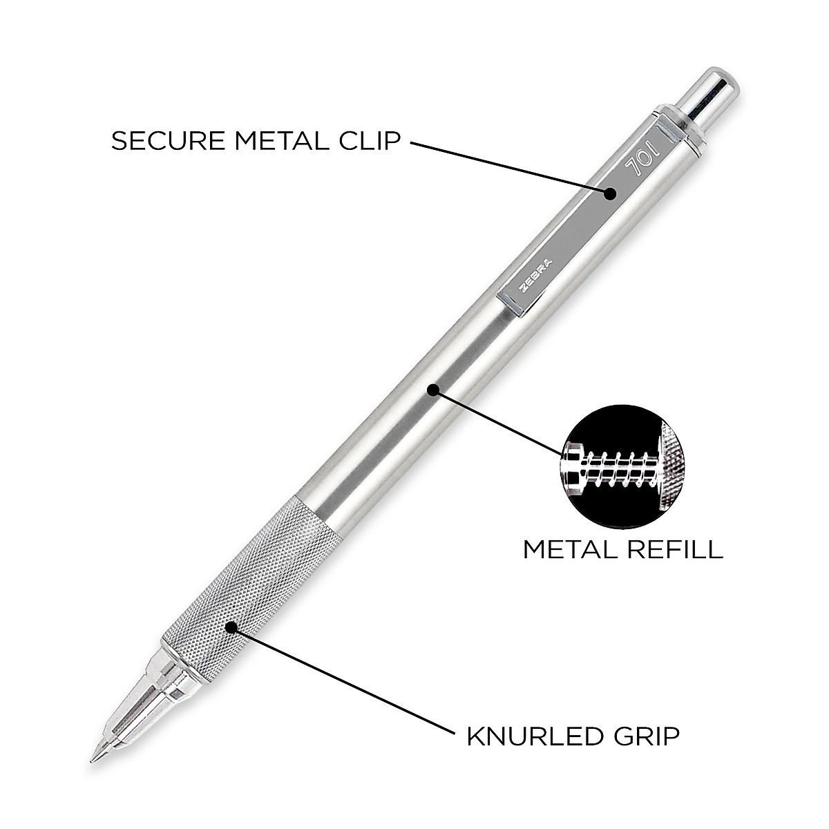 Zebra Pen F-701 Retractable Ballpoint Pen, Stainless Steel Barrel, Fine Point, 0.8mm, Black Ink, 1-Pack