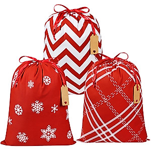 Shintop Cotton Christmas Gift Bags Drawstring, 3pcs 20x16inch Reusable Fabric Wrapping Sacks Cloth Holiday Pouches with Tags for Odd Shaped Presents