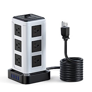 Power Strip Surge Protector with 12 AC Outlets 3250W, 4 USB Ports 1050J and 9.8ft Extension Cord, Power Strip Tower Electric Charging Station for iPhone Tablet Laptops Home Office