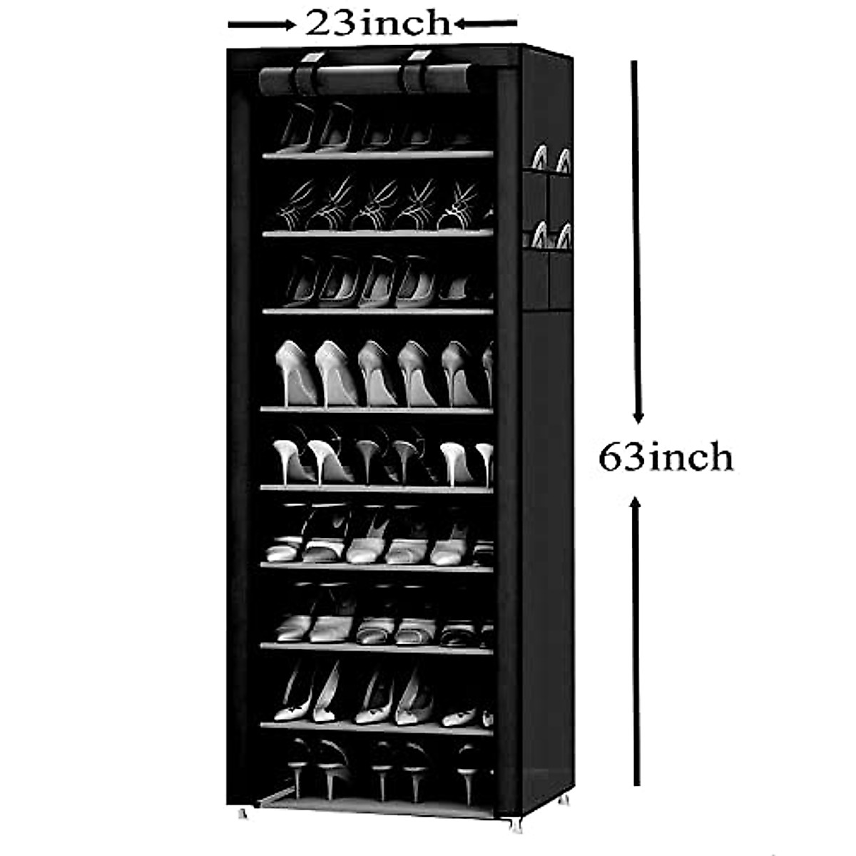 SoSo-BanTian1989 Black 10 Tiers Metal Tube Frame Shoe Rack with Dustproof Cover, 27 Pairs Shoes Cabinet Closet Storage Organizer Tower Shelf