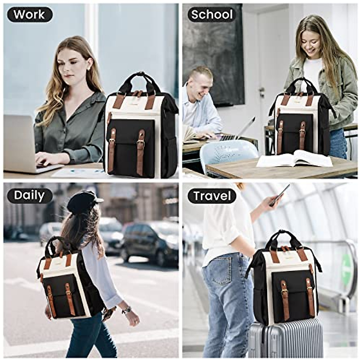 LOVEVOOK Laptop Backpack For Women Work Travel Backpack Purse, Nurse Bag College Backpack, Teacher Doctor Business Laptop Bag, Waterproof Wide Open Computer Back pack, 15.6 Inch, Black-Beige-Brown