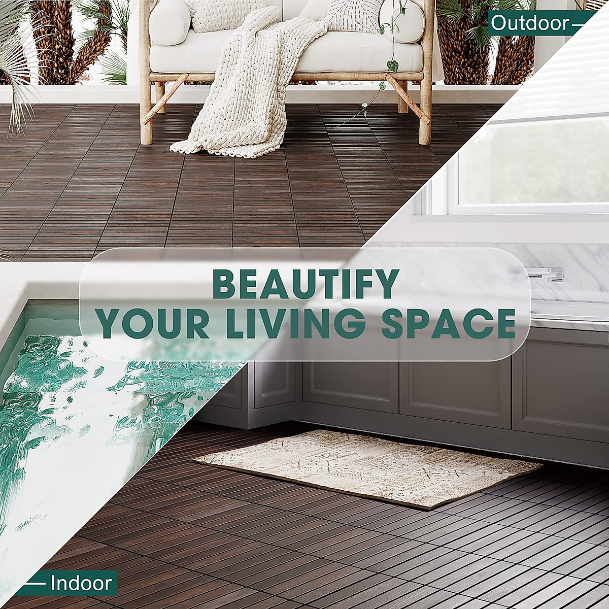 Idzo Interlocking Deck Tiles - 10PCS Waterproof Acacia Wood Patio Tiles, Flooring Tiles for Both Indoor and Outdoor - Decking Stripe Pattern, Dark Brown, 12 x 12 x 0.9 inches