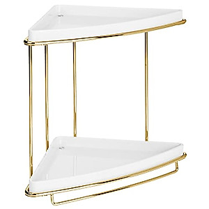 mDesign Steel/Plastic Freestanding Countertop Corner Shelf Organizer with 2-Tier Storage for Bathroom, Vanity, Cabinet, Counter - Holds Makeup, Bath Gel - Prism Collection - White/Soft Brass
