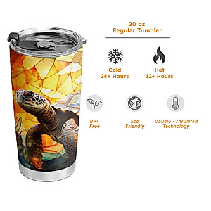 20oz Orange Stained Glass Flower Sea Turtle Tumbler, Gifts for Turtle Lovers, Ocean, Beach Gifts, Coffee Thermos for Women, Stainless Steel Double Wall Vacuum Insulated Coffee Mug, Travel Cup with Lid