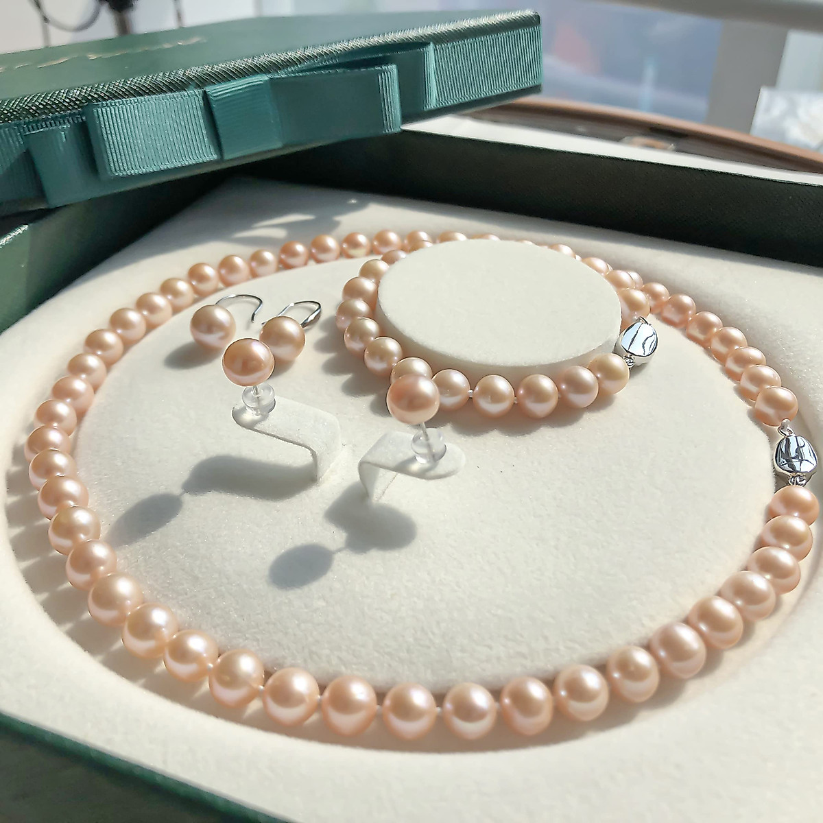 QuakerBrid Freshwater Cultured Pearl Set Jewelry for Women Includes Pearl Bracelet, Stud Earrings and Drop Dangle Earrings High Luster AAA Quality Genuine Round 8.0-9.0mm Pink Pearl Strand Necklace