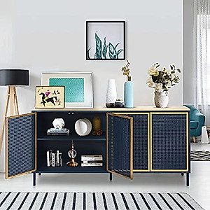ORRD Accent Cabinet, Sideboard Buffet Cabinet Kitchen Storage Cabinet Console Televison Table with 4 Iron Rattan No Handle Pop-up Doors and Adjustable Shelves for Living Room, Dining Room (Blue Gold)