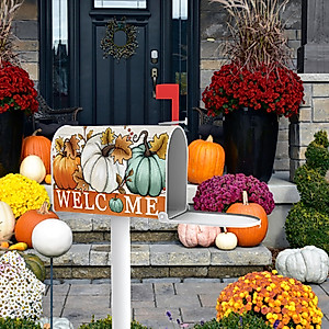 FBCOO Welcome Fall White Teal Pumpkin Mailbox Cover Magnetic Standard Size 20.5" x 18", Autumn Seasonal Decorative Post Letter Box Decor, Thanksgiving Farmhouse Rustic Garden Yard Outdoor Decoration