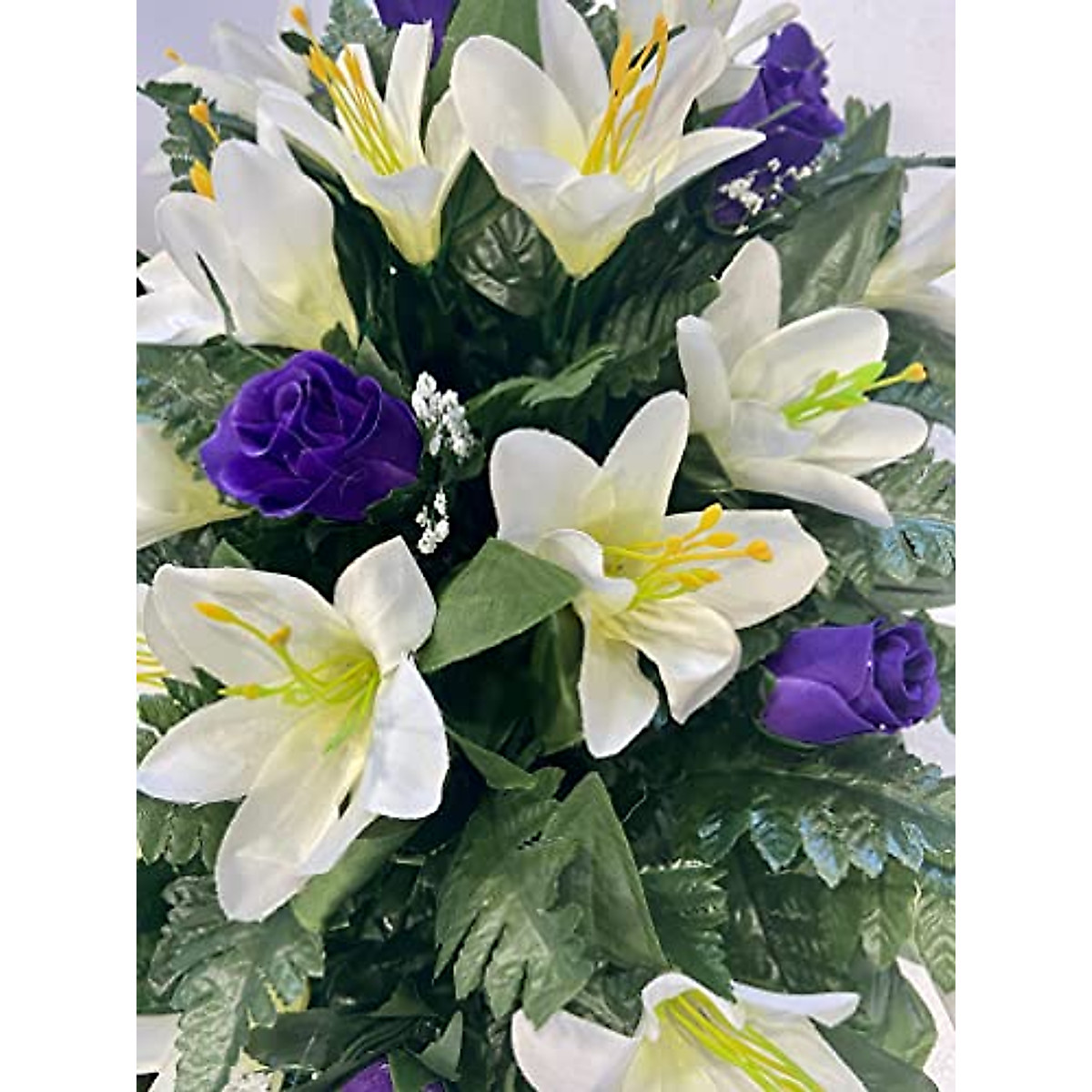 Spring or Easter Cemetery Flowers for Headstone and Grave Decoration-Purple Rose and Lily Mix Saddle
