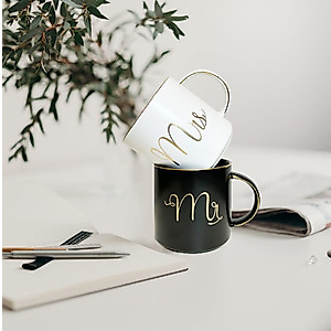 Cheardia 12 oz Mr and Mrs Mugs, Ceramic Coffee Mug Set Engagement Gifts for Couples, His and Hers Mugs for Bride and Groom, Anniversary, Valentines, Bridal Shower, Wedding, Black & White