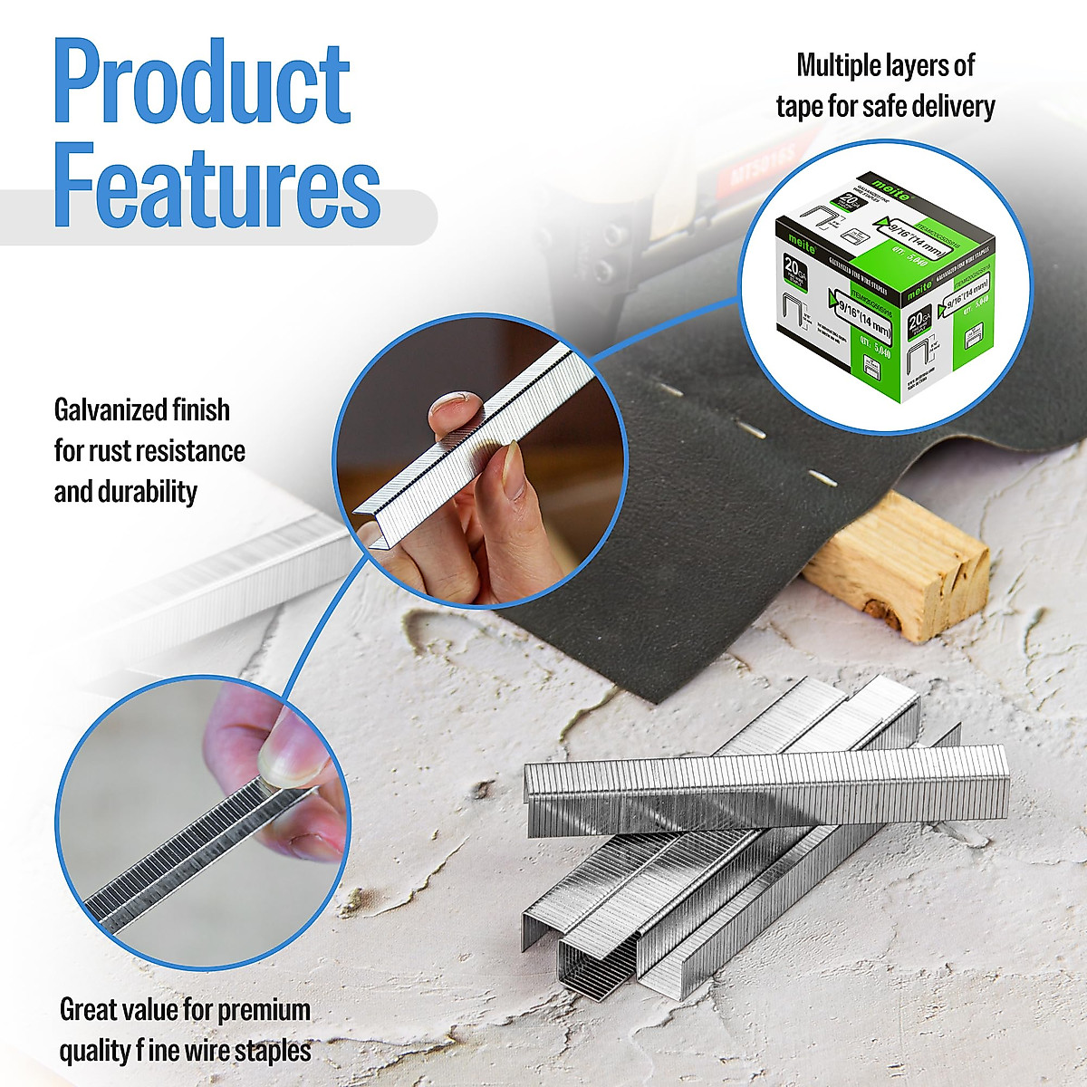 meite 20 Gauge 1/2-Inch (12.3mm) Crown 9/16-Inch Length Upholstery Staples for Staple Gun, Fine Wire Galvanized Staples for Carpet, Work Box, Cable, Shed (5,000 Pieces)