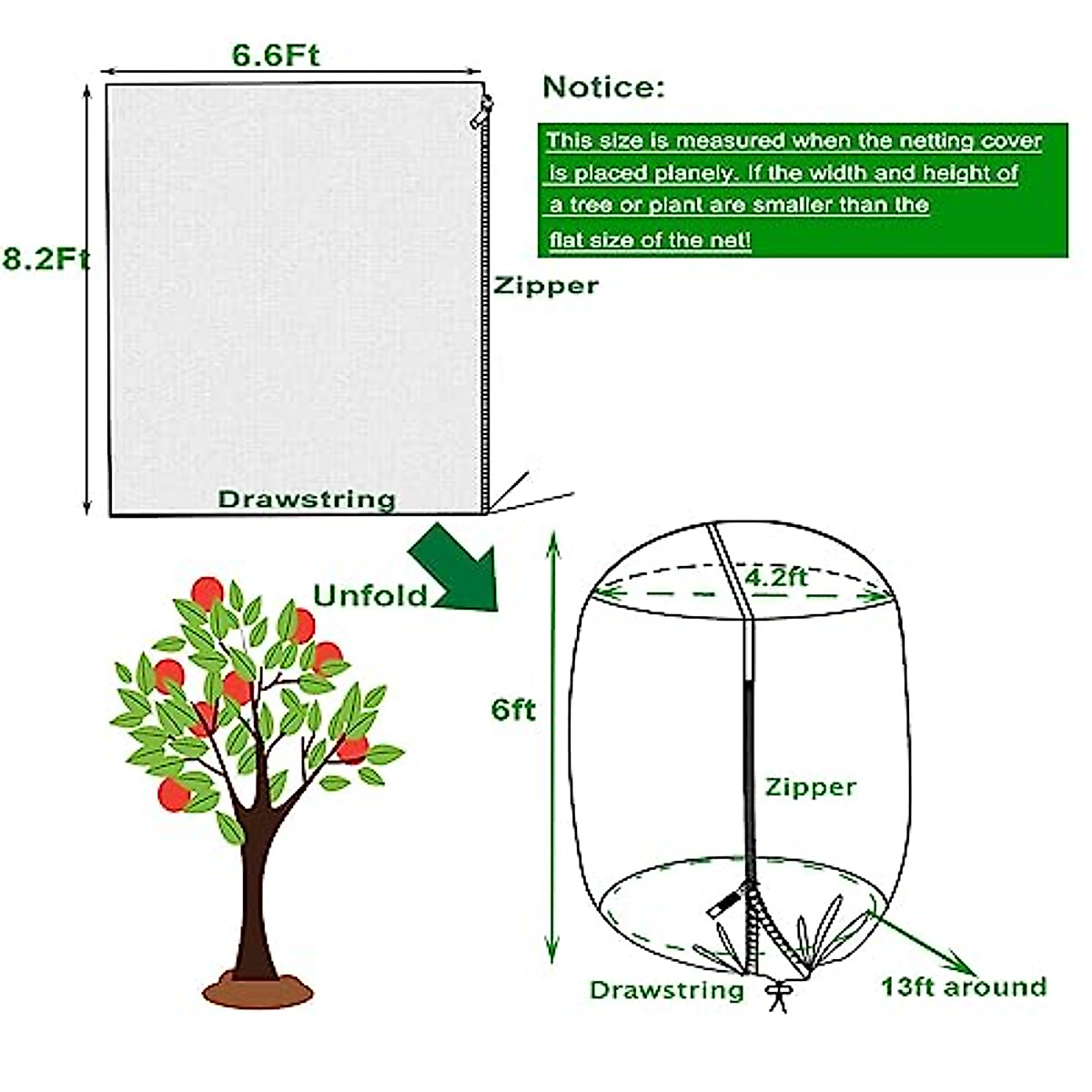 Large 6.6x8.2ft Garden Netting Plant Mulch Netting,with Zipper and Drawstring Garden Netting,Fruit Tree Netting,Protecting Fruits Flower from Birds(6.6ftx8.2ft,1PC)