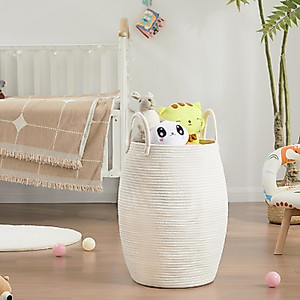 Cotton Rope Laundry Hamper Basket, 65L Woven Large Laundry Basket, Tall Dirty Clothes Hamper for Storage Blankets, Toys in Bedroom, Living Room Organizing-Collapsible-Beige