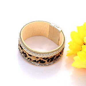 ZOLEAROPY Statement Leopard Jewelry Set For Women Multi Leopard Leather Wrap Bracelet Teardrop Leather Earrings Long Tassel Round Pendant Necklace Set