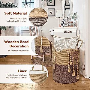 CherryNow Tall Laundry Hamper Woven Storage Basket, Shoe Basket for Entryway, Blanket Basket Living Room, Decorative Basket for Toys, Clothes, 15 x 17.7 Inches, Black & Jute