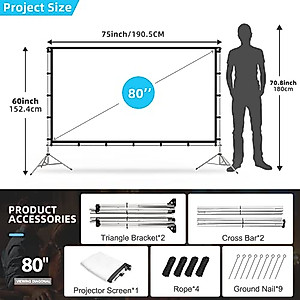 Projector Screen with Stand, Vamvo 80 inch Portable Foldable Projection Screen 16:9 HD 4K Indoor Outdoor Projector Movies Screen with Carrying Bag for Home Theater Camping and Recreational Events