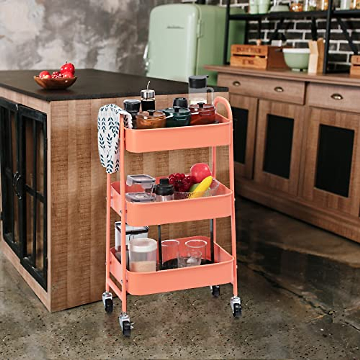 AGTEK Makeup Cart, Movable Rolling Organizer Cart, 3 Tier Metal Utility Cart with Lockable Wheels for Home & Office, Pink Orange