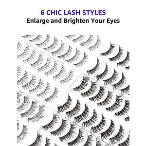 Bella Hair False Eyelashes Variety Pack, 60 Pairs Reusable Handmade Fake Eyelashes in 6 Styles, Specialized Natural Soft, Criss-Cross, Wispies Lashes for Daily, Casual Events, Daytime Outings and More