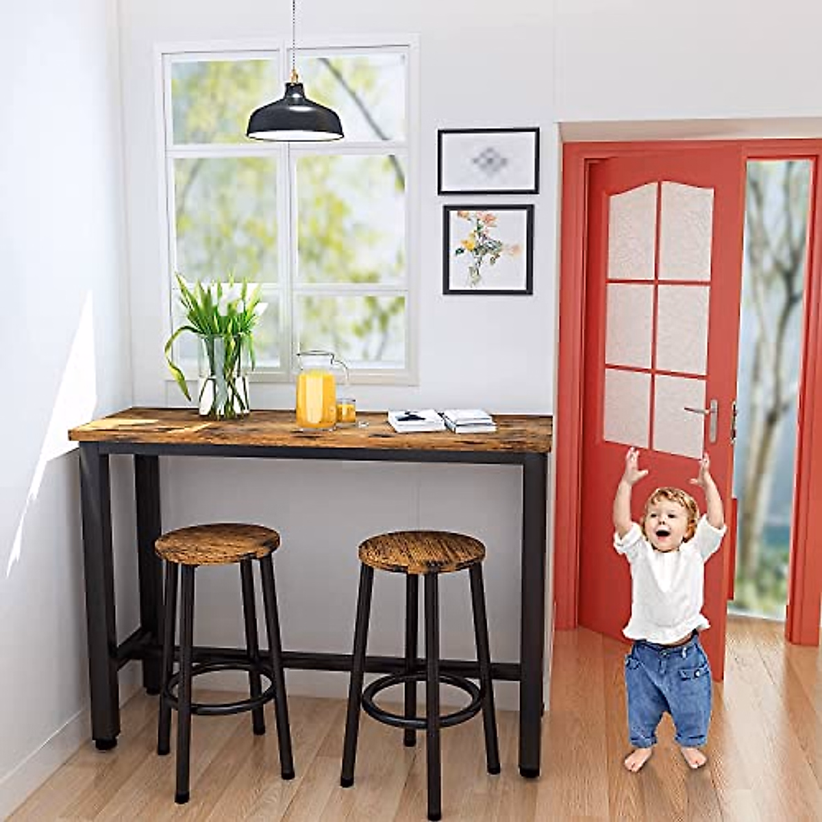 Hooseng Bar Table Set, 3 Piece Dining Table Set, Breakfast Bar Table for 2, Rectangle Kitchen Table Set with Steel Frame Pub Table for Small Space, Farmhouse, Cafe, Kitchen, Dining, Rustic Brown