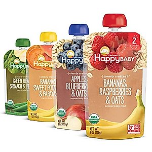 Happy Baby Organics Stage 2 Baby Food Pouches, Gluten Free, Vegan & Healthy Snack, Clearly Crafted Fruit & Veggie Puree, Fruit & Veggie Variety Pack, 4 Ounces (Pack of 16)