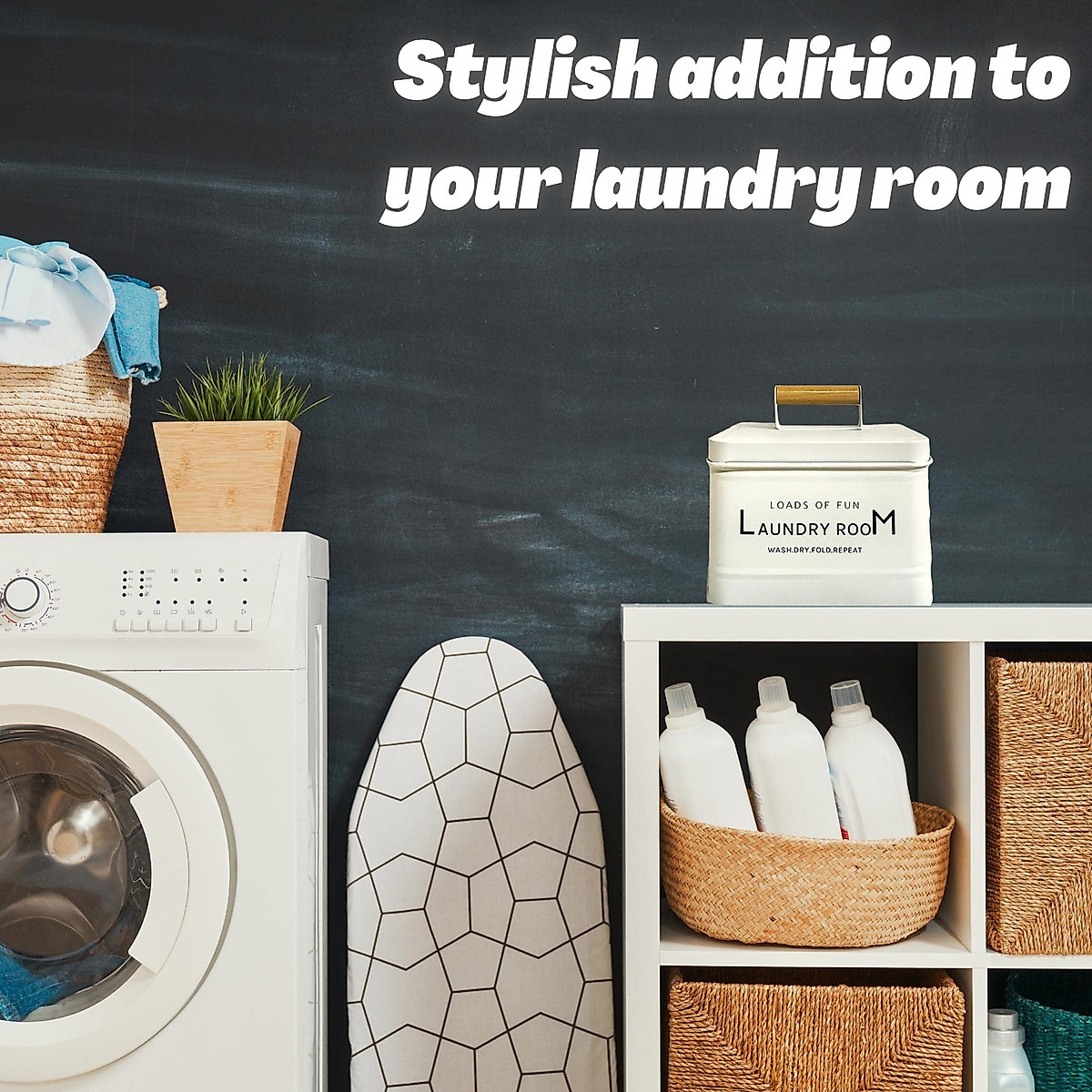 M.C.S. Modern Farmhouse Metal Laundry Bin, Dryer Sheet Holder Laundry Detergent Dispenser with Lid and Scoop for Laundry Room Decor and Space Saving Laundry Room Organization and Storage